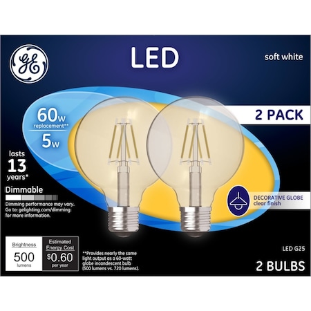 Current GE G25 E26 (Medium) LED Bulb Soft White 60 W , 2PK 23344 | Zoro