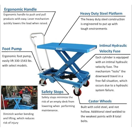 Eoslift 1,100 lbs. Weight Capacity, 40" x 21" Table Size, Heavy Duty ...