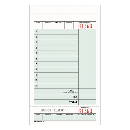 Adams Business Forms Guest Check, 2-Part, Carbonless, PK250 947SWC | Zoro