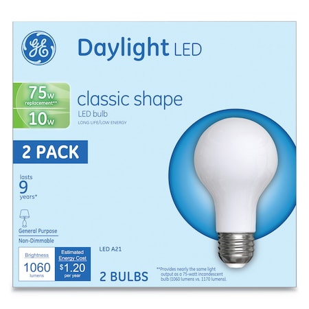 Ge LED Classic Daylight A21 Light Bulb, 10 W, PK2 31181 | Zoro