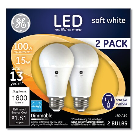 Ge LED Bulbs, 100W, 15 W, A19, Soft White, PK2 93127668 | Zoro