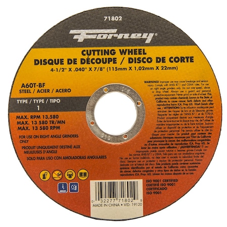 Forney Cut-Off Wheel, Metal, Type 1, 4-1/2 in x .040 in x 7/8 in 71802 ...