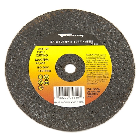 Forney Cut-Off Wheel, Metal, Type 1, 3 in x 1/16 in x 1/4 in 71840 | Zoro