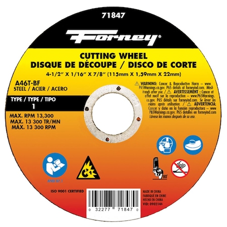 Forney Cut-Off Wheel, Metal, Type 1, 4-1/2 in x 1/16 in x 7/8 in 71847 ...