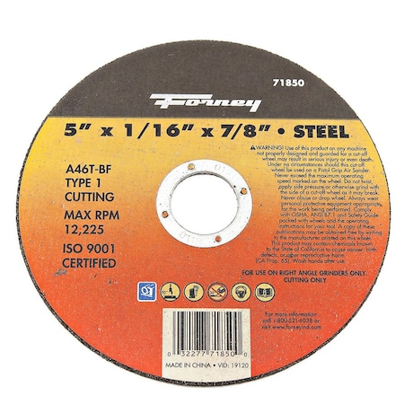 Forney Cut-Off Wheel, Metal, Type 1, 5 in x 1/16 in x 7/8 in 71850 | Zoro