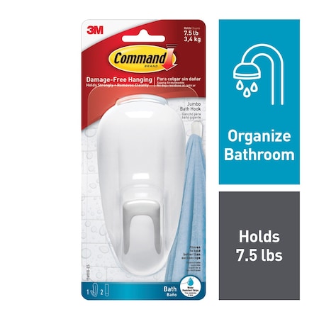 Command Bathroom Hook, Molded Plastic, 2-1/4 In 17600B | Zoro