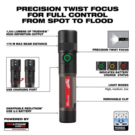 MILWAUKEE REDLITHIUM™ USB Rechargeable 1100L Twist Focus Flashlight (2161-21) | Zoro