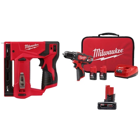 Milwaukee Tool M12 3/8 in Drill/Driver Kit + M12 3/8 in Crown Stapler ...
