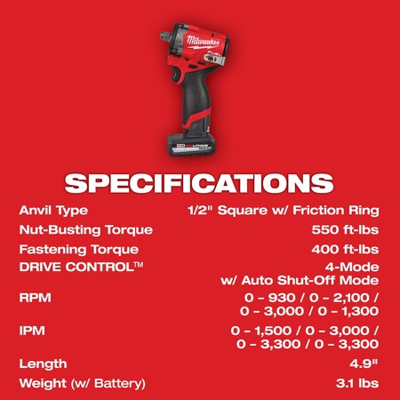 Milwaukee Tool M12 FUEL Stubby 1/2" Impact Wrench 2563-20 | Zoro