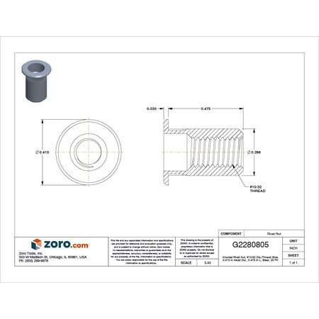 Avk Rivet Nut, #10-32 Thread Size, 0.415 in Flange Dia., 0.475 in L ...