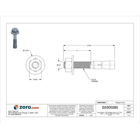 Dewalt Power-Stud+ SD1 Wedge Anchor, 1/2" Dia., 3-3/4" L, Carbon Steel ...