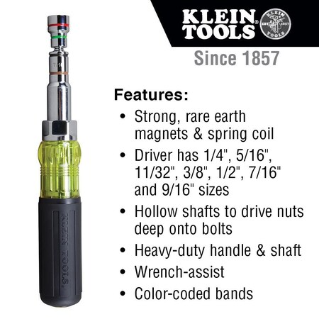 Klein Tools 7-in-1 Hollow Round Shank Multi Bit Nut Driver, Ergonomic ...