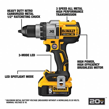 Dewalt 1/2 in, 20V DC Cordless Drill, Battery Included DCD991P2 | Zoro