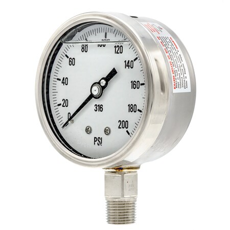 Pic Gauges Gauge, 4", 0/200 psi, 1/2"LM, 316SS, 4 Dial Size, Stainless ...