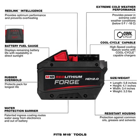 Milwaukee Tool M18 REDLITHIUM FORGE HD12.0 Battery Pack 48-11-1813 | Zoro