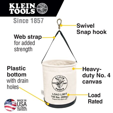 Klein Tools Canvas Bucket, All-Purpose with Swivel Snap and Drain Holes ...