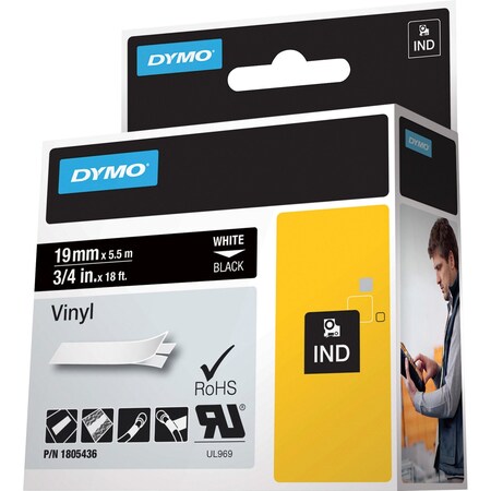 Dymo Label Tape Cartridge, White on Black, Labels/Roll: Continuous ...