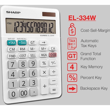 Sharp Desktop Calculator, LCD, 12 Display Digits EL-334W | Zoro