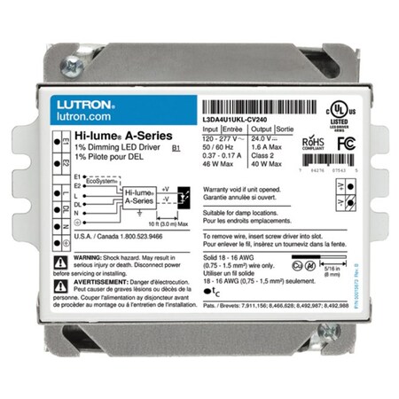 Lutron LED Driver, 24VDC, 120/277VAC, 170-370 mA L3DA4U1UKL-CV240 | Zoro