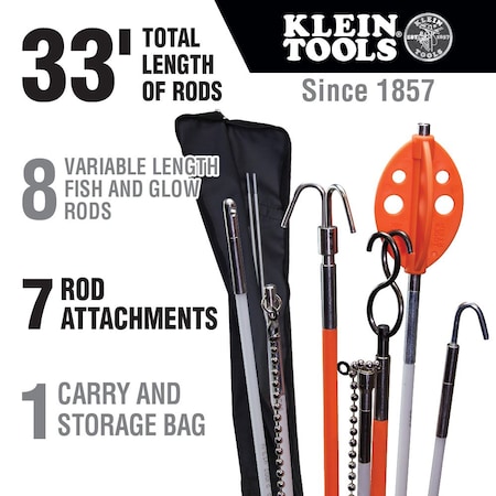 Klein Tools Splinter Guard™ Fish and Glow Rod Kit with Bag, 33-Foot ...