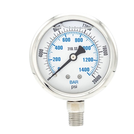 Pic Gauges Industrial Pressure Gauge, 0 to 20,000 psi, 2 1/2 in Dial, 1 ...