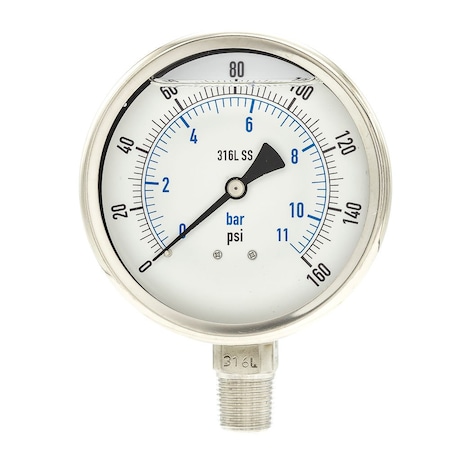 Pic Gauges Industrial Pressure Gauge, 0 to 160 psi, 4 in Dial, 1/2 in ...