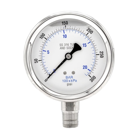 Pic Gauges Industrial Pressure Gauge, 0 to 300 psi, 1/2 in MNPT, 4 Dial ...