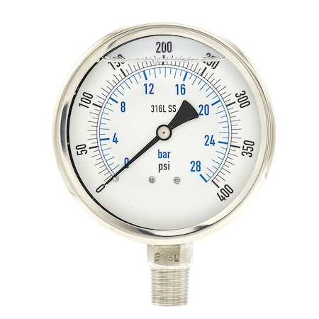 Pic Gauges Industrial Pressure Gauge, 0 to 400 psi, 4 in Dial, 1/2 in ...