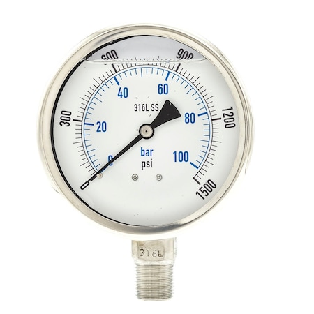 Pic Gauges Industrial Pressure Gauge, 0 to 1,500 psi, 4 in Dial, 1/2 in ...