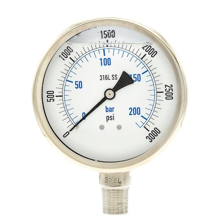 Pic Gauges Industrial Pressure Gauge, 0 to 3,000 psi, 4 in Dial, 1/2 in ...