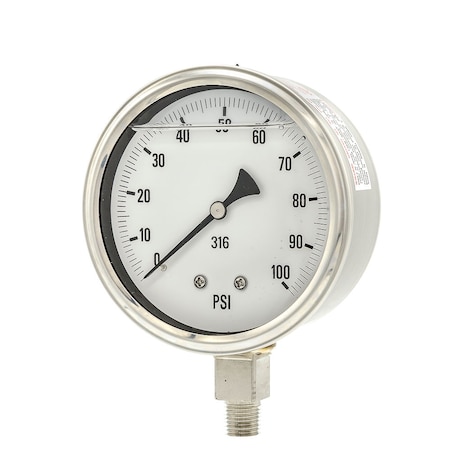 Pic Gauges Gauge, 4", 0-100 psi, 1/4"LM, 316SS, 4 in Dial, 1/4 in NPT ...
