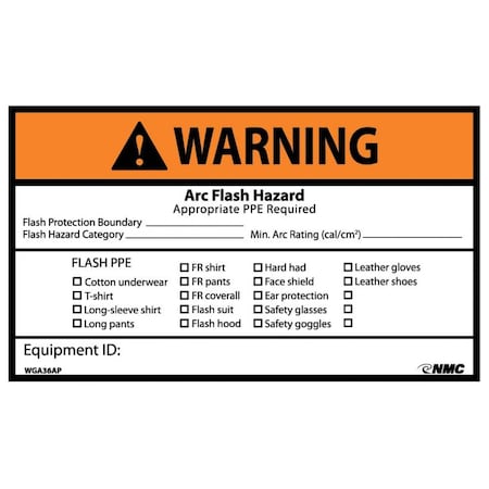 Nmc Warning Arc Flash Hazard Label, Pk5, WGA36AP WGA36AP | Zoro