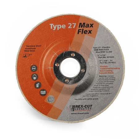 Rex Cut Max Flex Grinding Disc 5 X 7/8 T27 Max Flex A36 891030 | Zoro