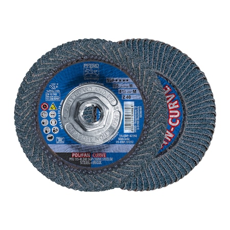 Pferd 4-1/2" x 5/8-11 Thd. POLIFAN® Flap Disc - Z SGP CURVE STEELOX, Zirconia, 40 Grit, Medium ...