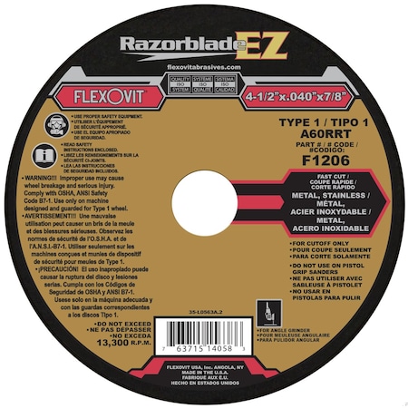 Flexovit REINFORCED CUTOFF WHEEL RAZORBLADE F1206 | Zoro
