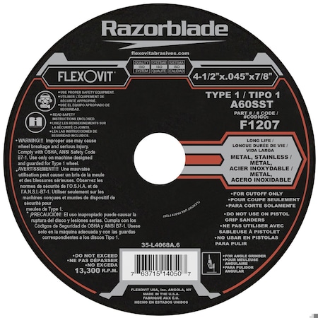 Flexovit Razorblade Long Life Cut-Off Wheel, 4-1/2 in Dia x 0.045 in ...
