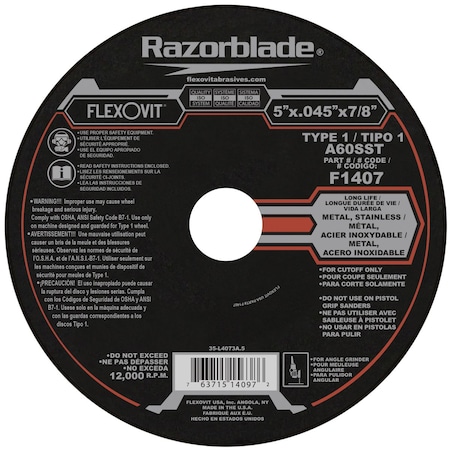 Flexovit Razorblade Razorblade Long Life Cut-Off Wheel, 5 in Dia x 0. ...