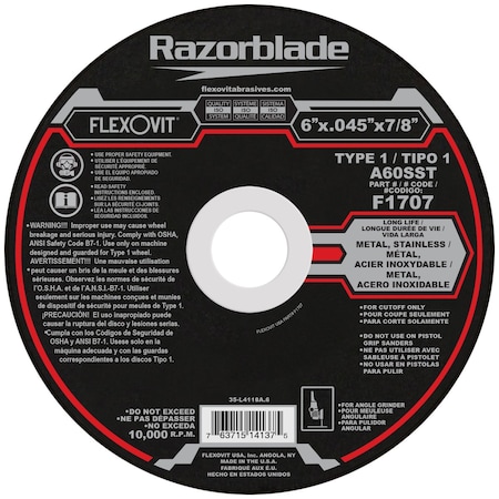 Flexovit Razorblade Long Life Cut-Off Wheel, 6 in Dia x 0.045 in THK, 7 ...