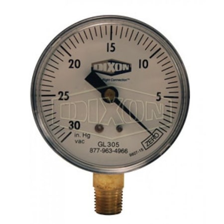 Dixon Vacuum Gauge, 0 to 30 in Hg Measuring, 1/4 in NPT Lower Mount ...