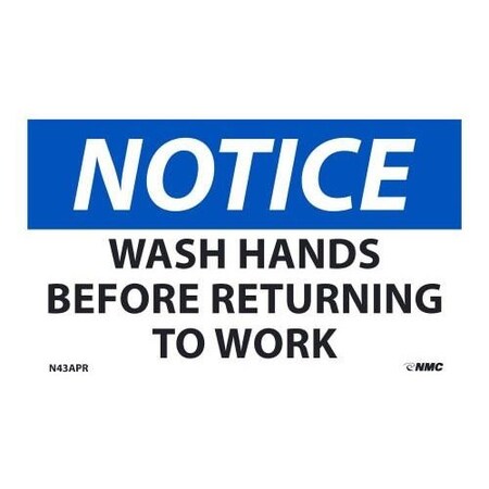 Nmc Safety Sign, NOTICE WASH HANDS BEFORE RETURNING TO WORK, Pressure ...