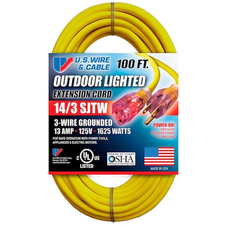 U.S. Wire & Cable SJTW Extension Cord, 14 AWG, Outdoor, 14/3, 1 Outlets ...