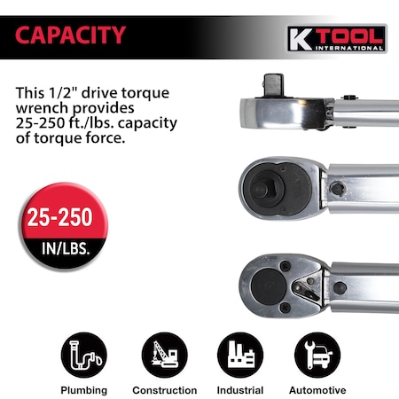 K-Tool International Ratcheting Torque Wrench, 1/2" Drive KTI72102 | Zoro