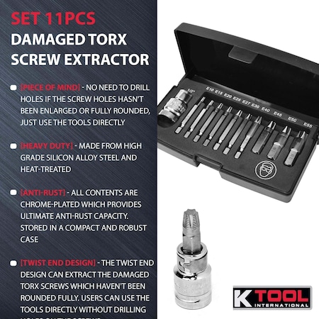 K TOOL INTERNATIONAL Damaged Torx Screw Extractor Set 11Pc (BTK42-11TS ...