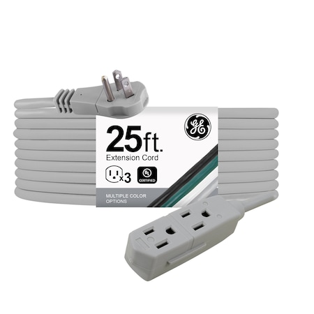 Ge Extension Cord, 16 AWG, Indoor, 16/3, 3 Outlets, Gray, 25 ft 43025 ...