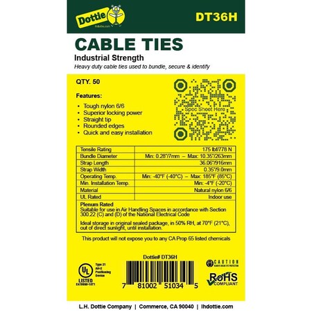 Dottie L.H. Dottie 36'' Natural Heavy Duty Cable Tie, 50PK DT36H | Zoro