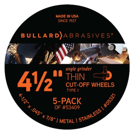 Bullard Abrasives Cut-Off Wheel, 4-1/2 x .045 x 7/8 T1, PK5 5321 | Zoro
