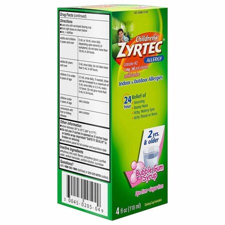 Childrens Zyrtec Children's Allergy Relief 1 mg / 1 mL Strength Syrup 4 ...