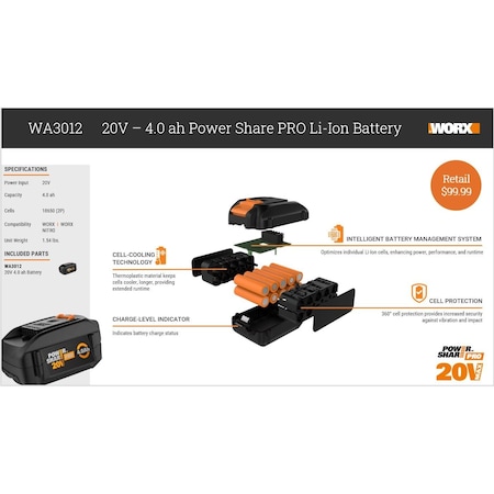 Worx 20V MAX Lithium-Ion Power Share PRO High Capacity Battery, 4.0 Ah ...