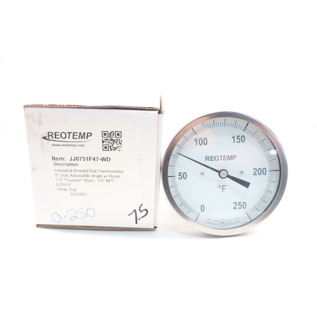 Reotemp Jj0751F47-Wd 5In 1/2In 7-1/2In 0-250F Npt Bimetal Thermometer ...