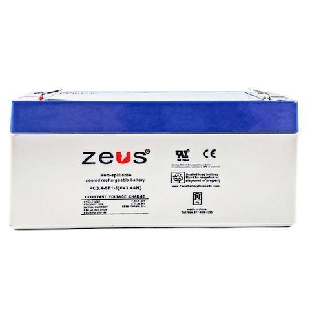 Zeus Battery Products 3.2Ah 6V F1 Sealed Lead Acid Battery PC3.4-6F1 | Zoro